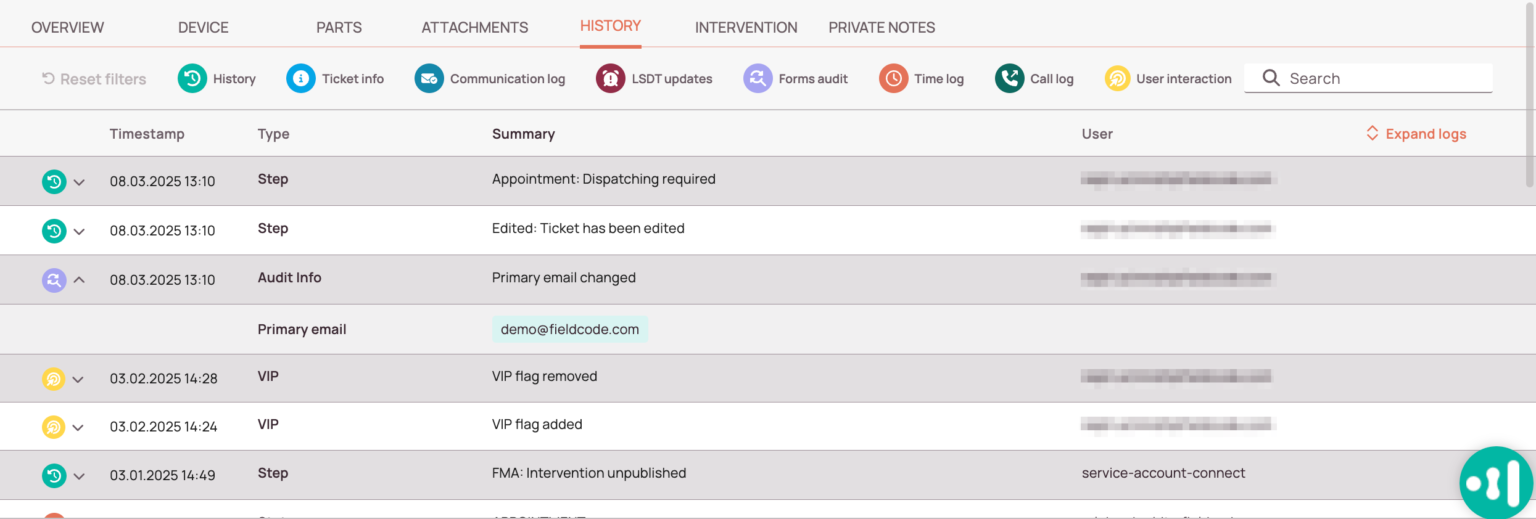 History Tab Explained – Fieldcode Manual