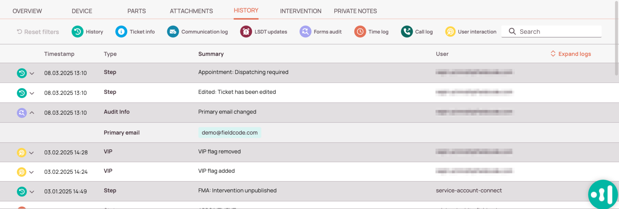 History Tab Explained – Fieldcode Manual
